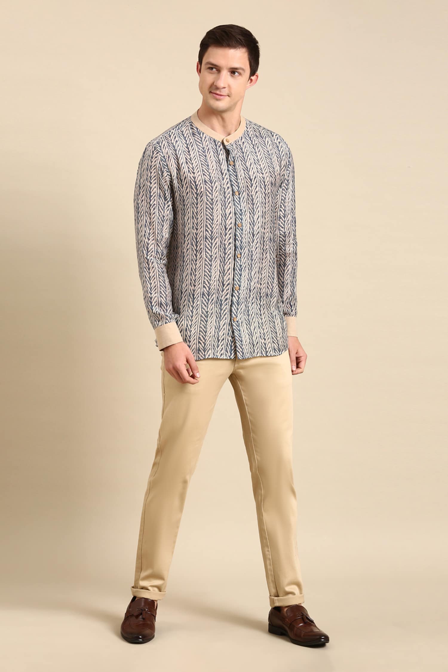 Buy Mayank Modi - Men Blue Muslin Mandarin Collar Digital Print Shirt ...