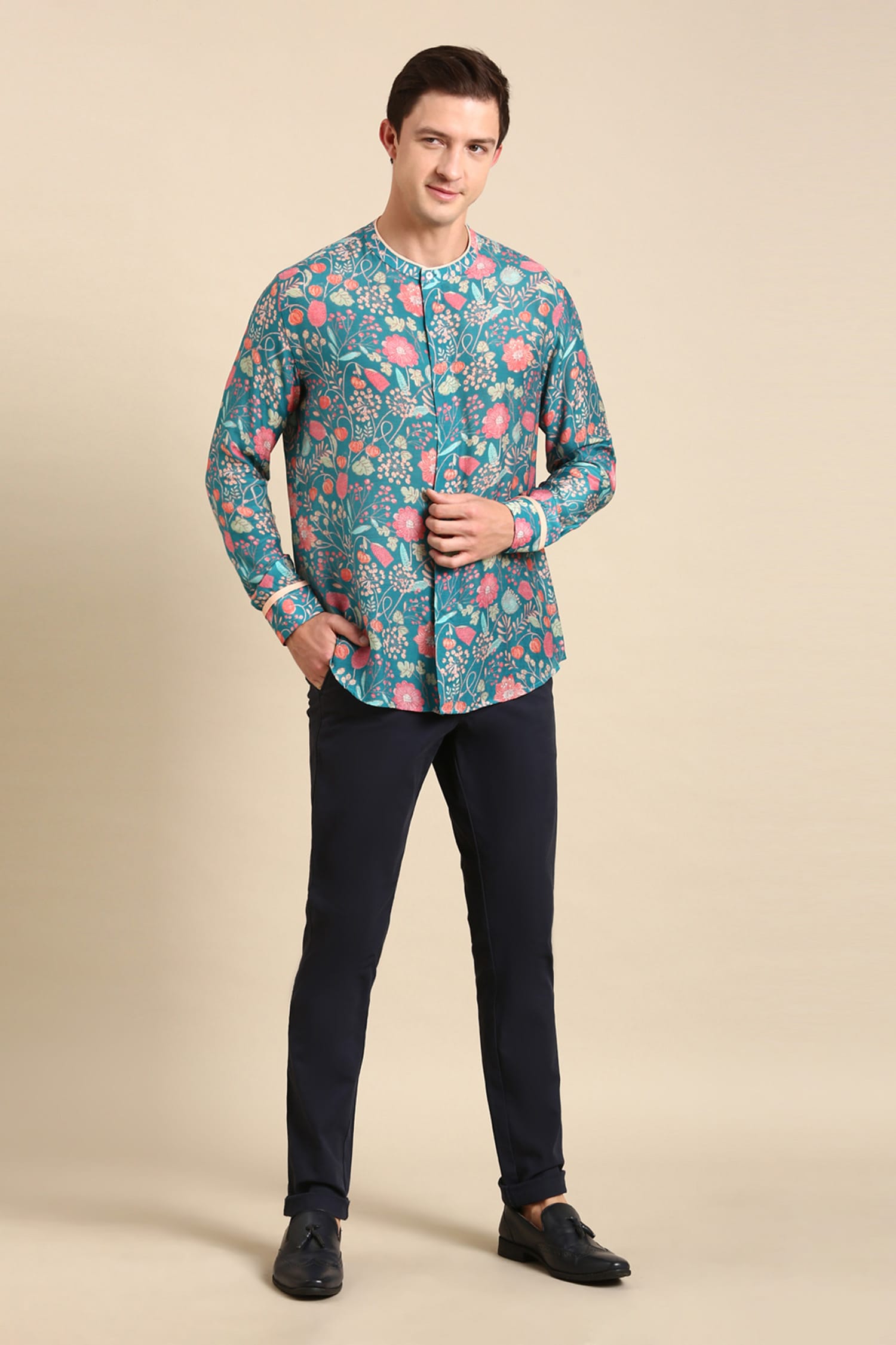 Buy Mayank Modi - Men Blue Muslin Floral Digital Print Shirt Online ...