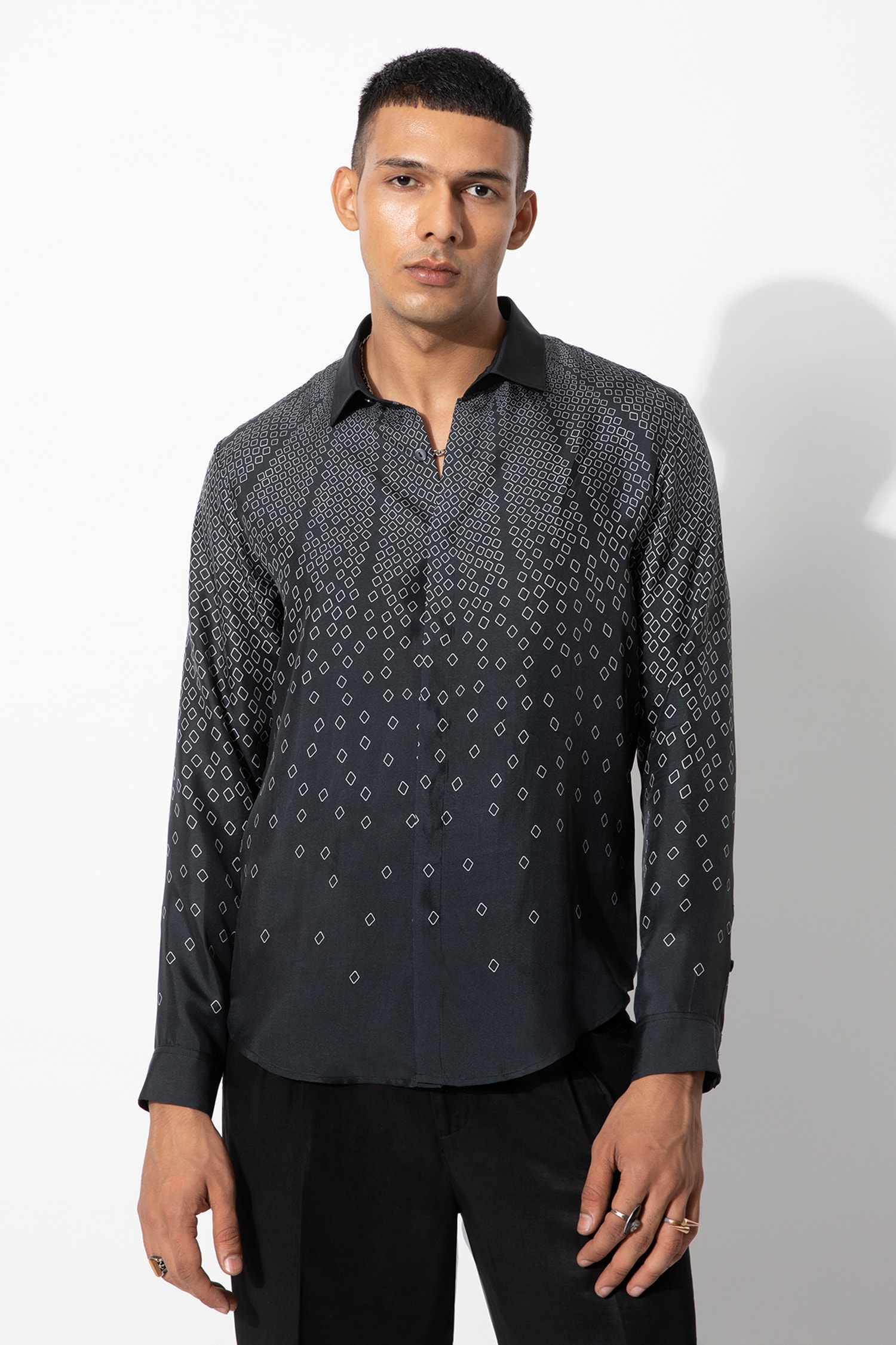 Buy Black Silk Print Scattered Diamond Shirt For Men by Rohit Gandhi ...