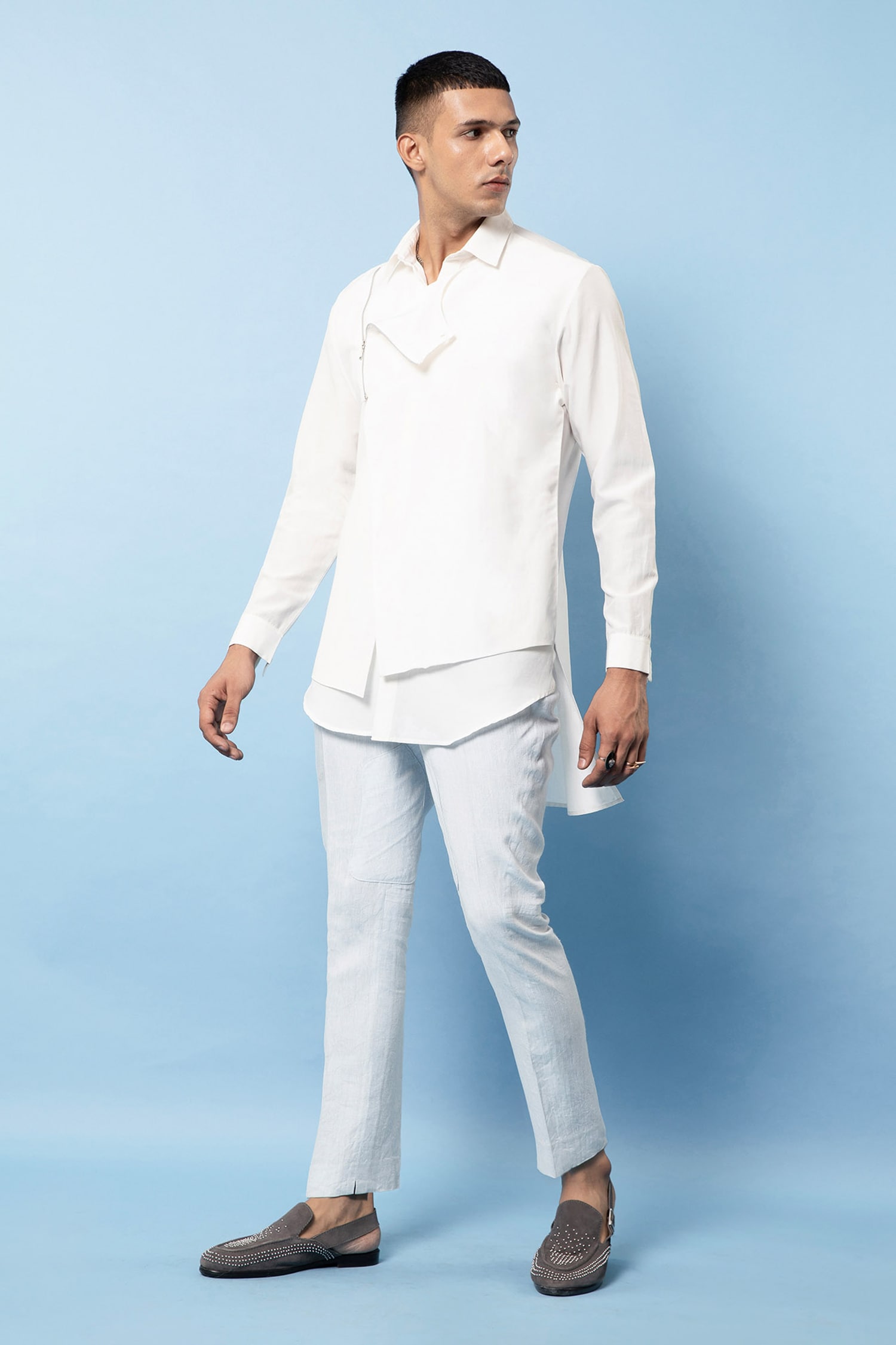 Buy White Cotton Plain Double Layered Overlap Shirt For Men by Rohit ...