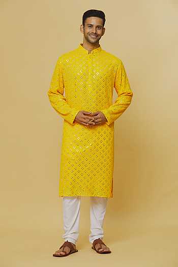 Buy Aham-Vayam Yellow Mirror Embroidered Cotton Kurta And Pyjama Set ...