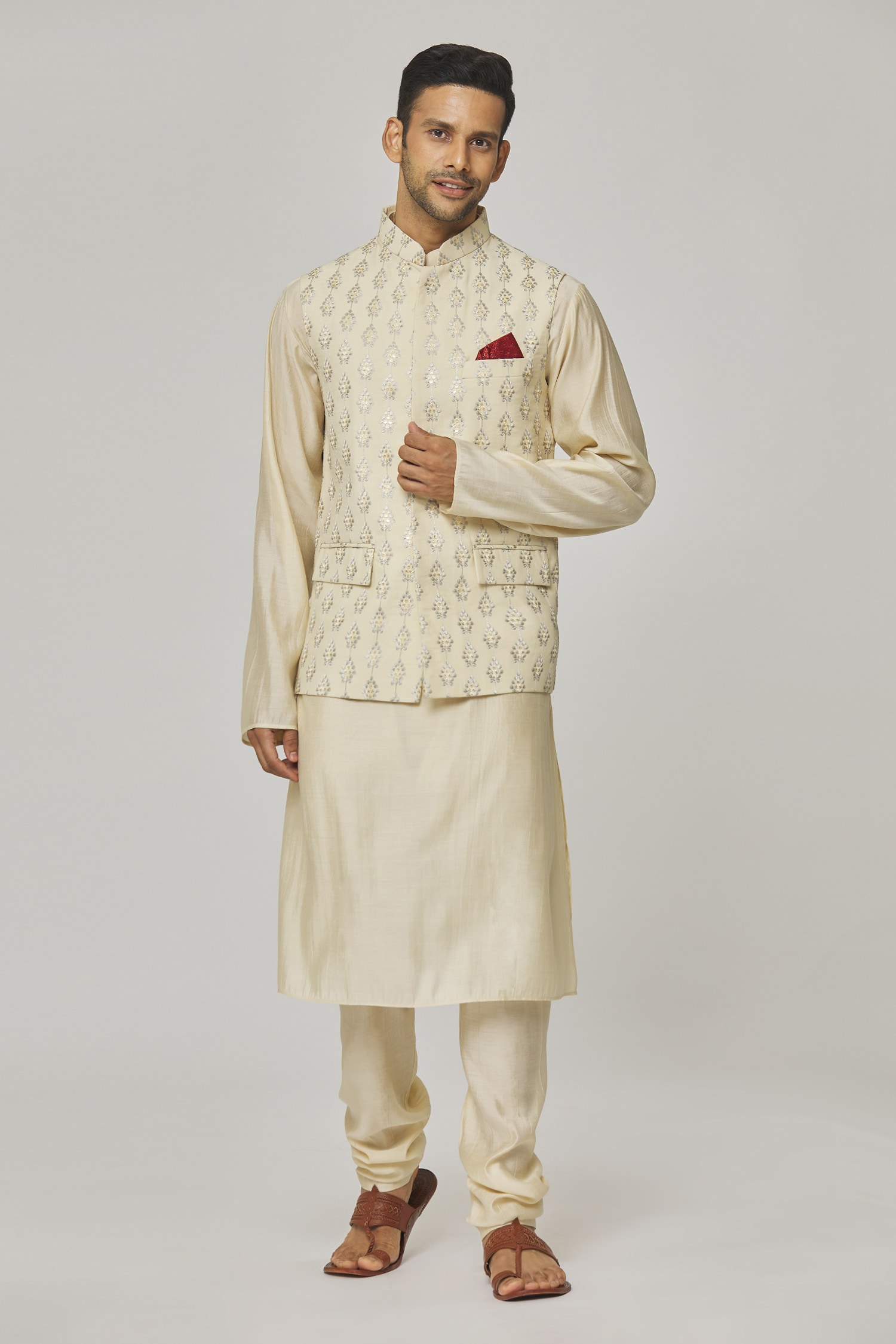 Buy Aham-Vayam Cream Cotton Vikramaditya Embroidered Nehru Jacket ...