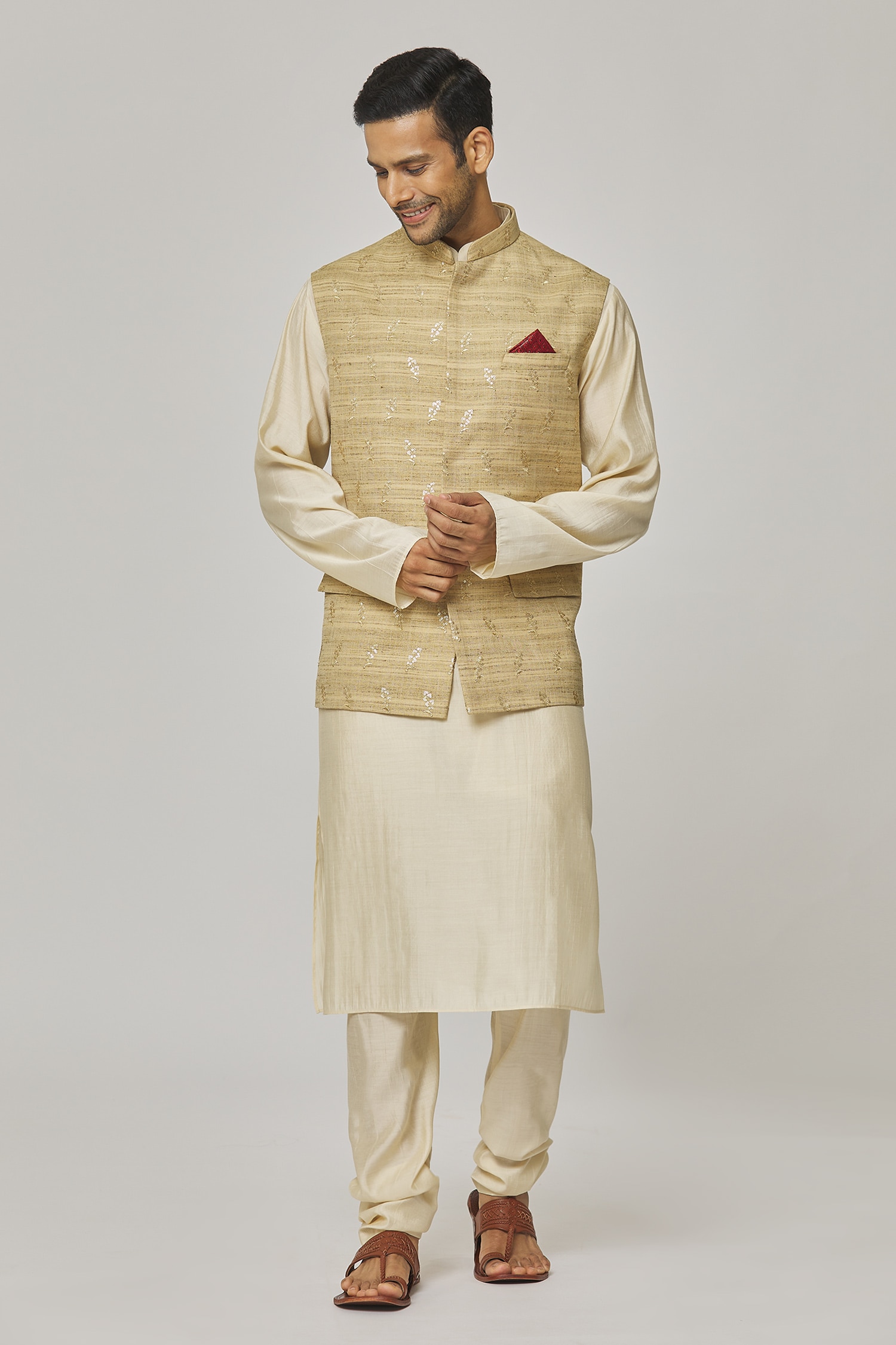 Buy Aham-Vayam Beige Cotton Linen Tathastu Embroidered Nehru Jacket ...