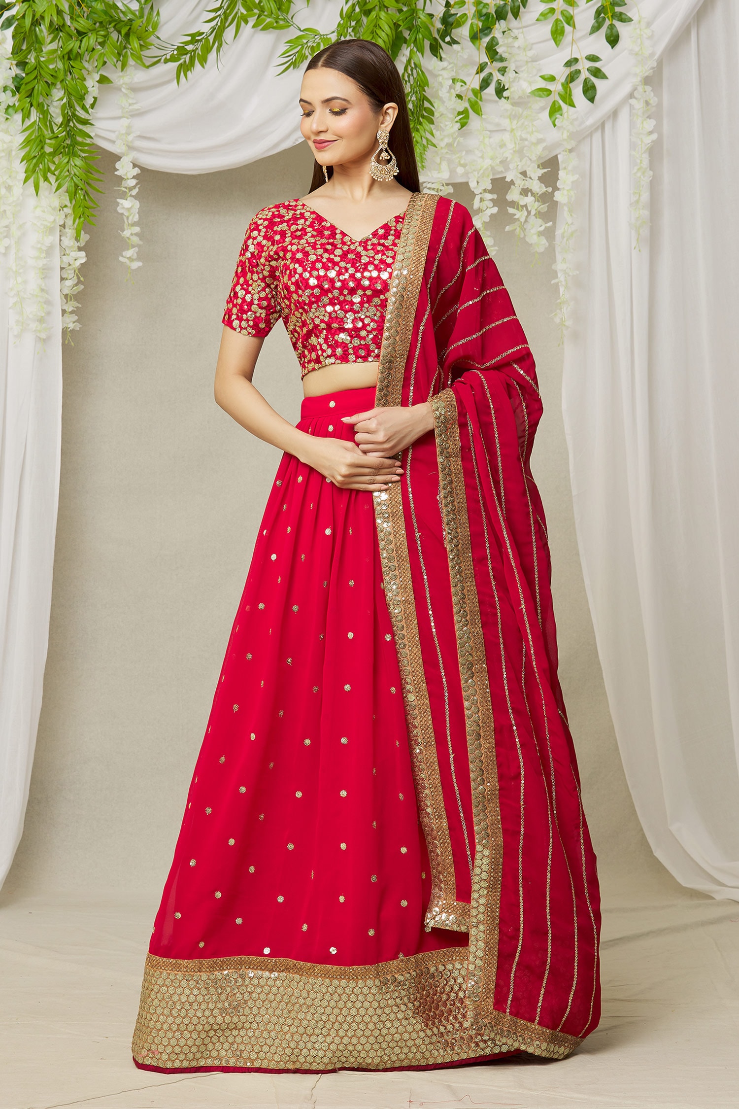 Buy Red Embroidery Sequin V Neck Lehenga Set For Women By Samyukta