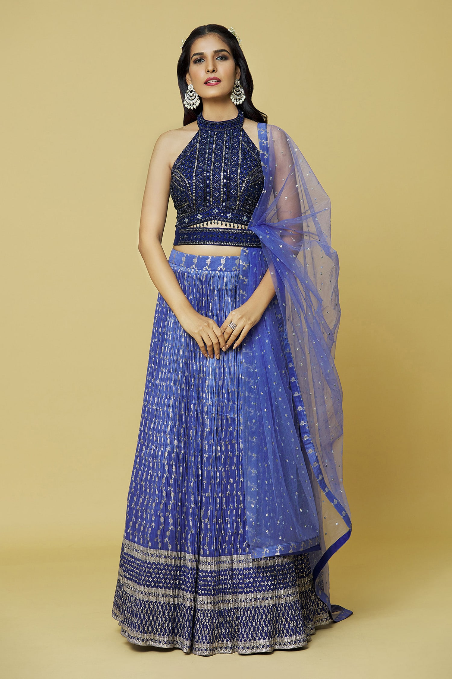 Buy Blue Top Embroidered Crystal Halter Lehenga Set For Women by Alaya ...