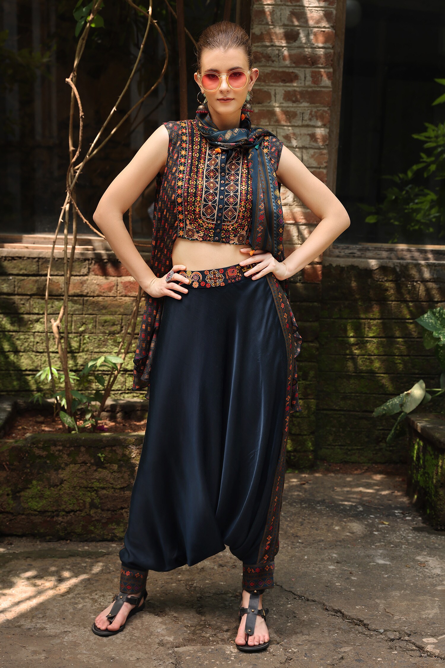 Buy Blue Wrinkle Georgette Embroidered Floral Round Top And Heram Set ...