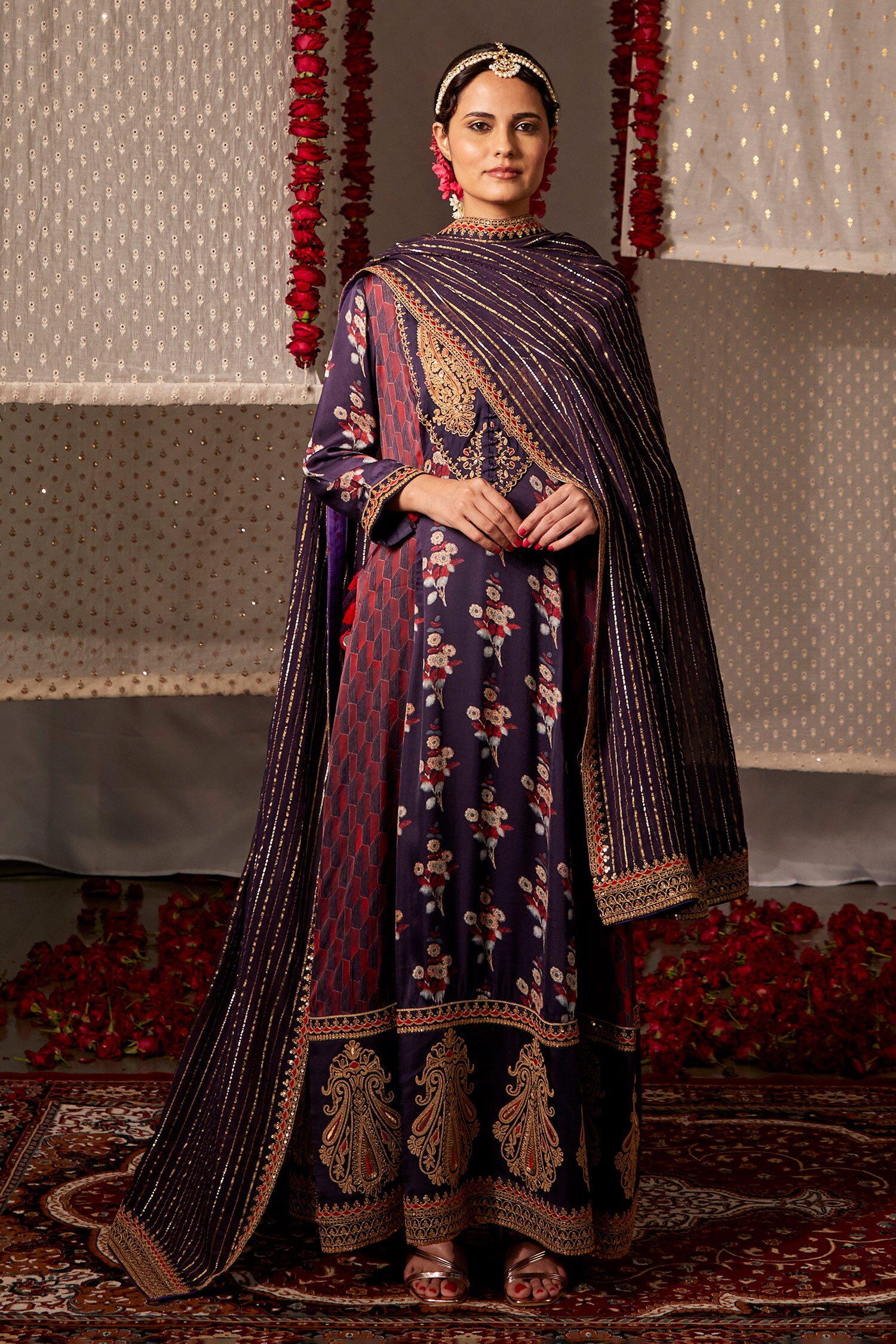 Buy Purple Satin Embroidered Floral Round Printed Anarkali Palazzo Set ...