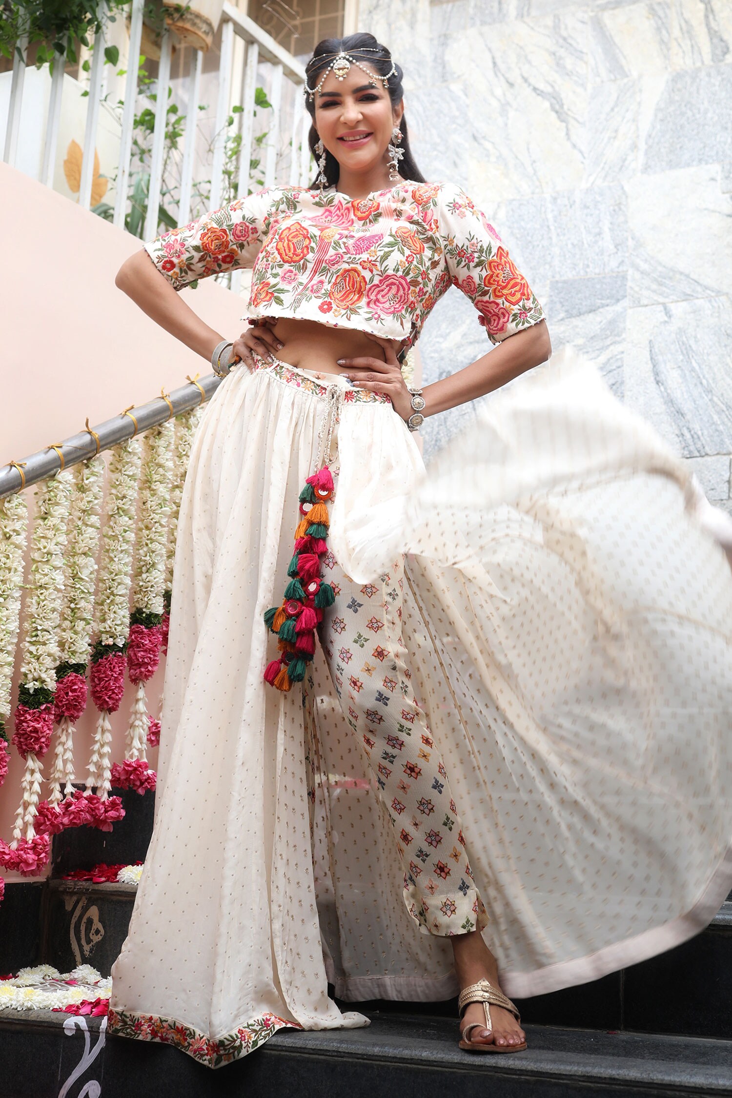 Buy Ivory Slub Silk Embroidery Cross Stitch Sequin Round Blouse Skirt ...