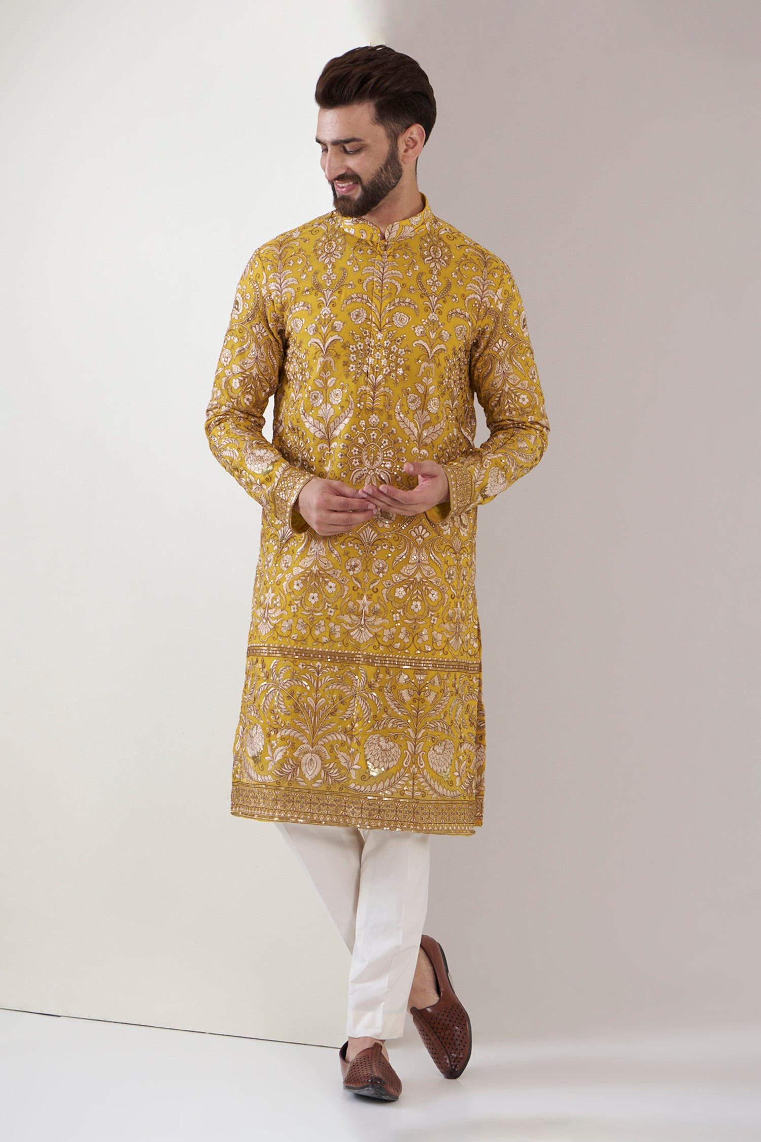Buy Yellow Georgette Embroidered Floral Sequin Kurta For Men by Kasbah ...