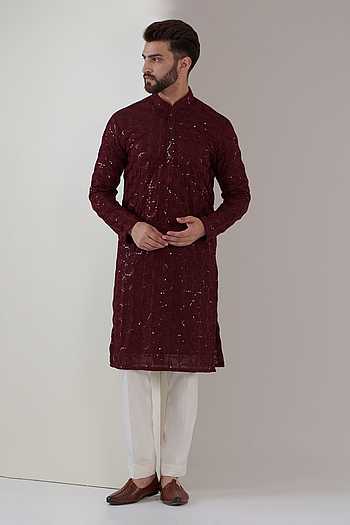Buy Maroon Georgette Embroidery Chikankari Mandarin Collar Kurta For ...