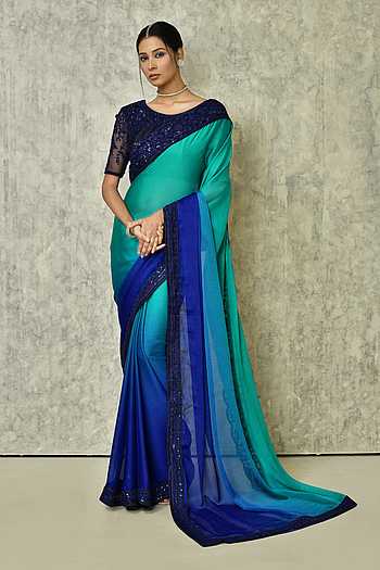 Buy Green Silk Embroidered Floral Round Shaded Saree With Blouse For ...