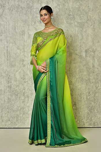 Buy Samyukta Singhania Silk Shaded Saree With Fringed Sleeve Green ...