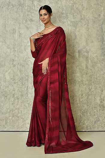 Buy Maroon Silk Embroidered Floral Scoop Striped Shaded Saree With ...