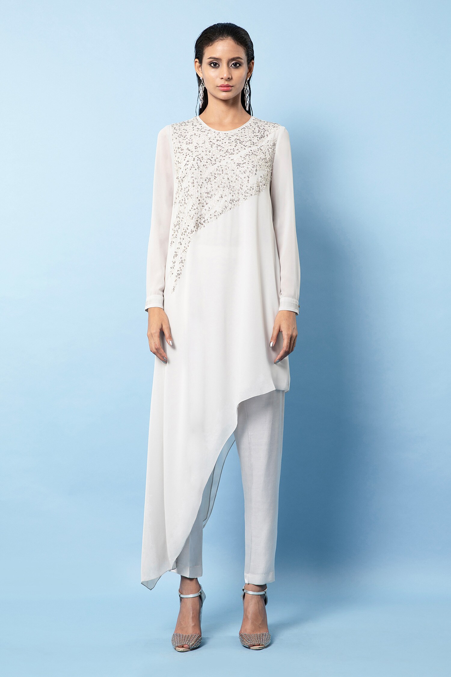 Buy Silver Poly Georgette Embellishments Metallic Round Asymmetric Top ...