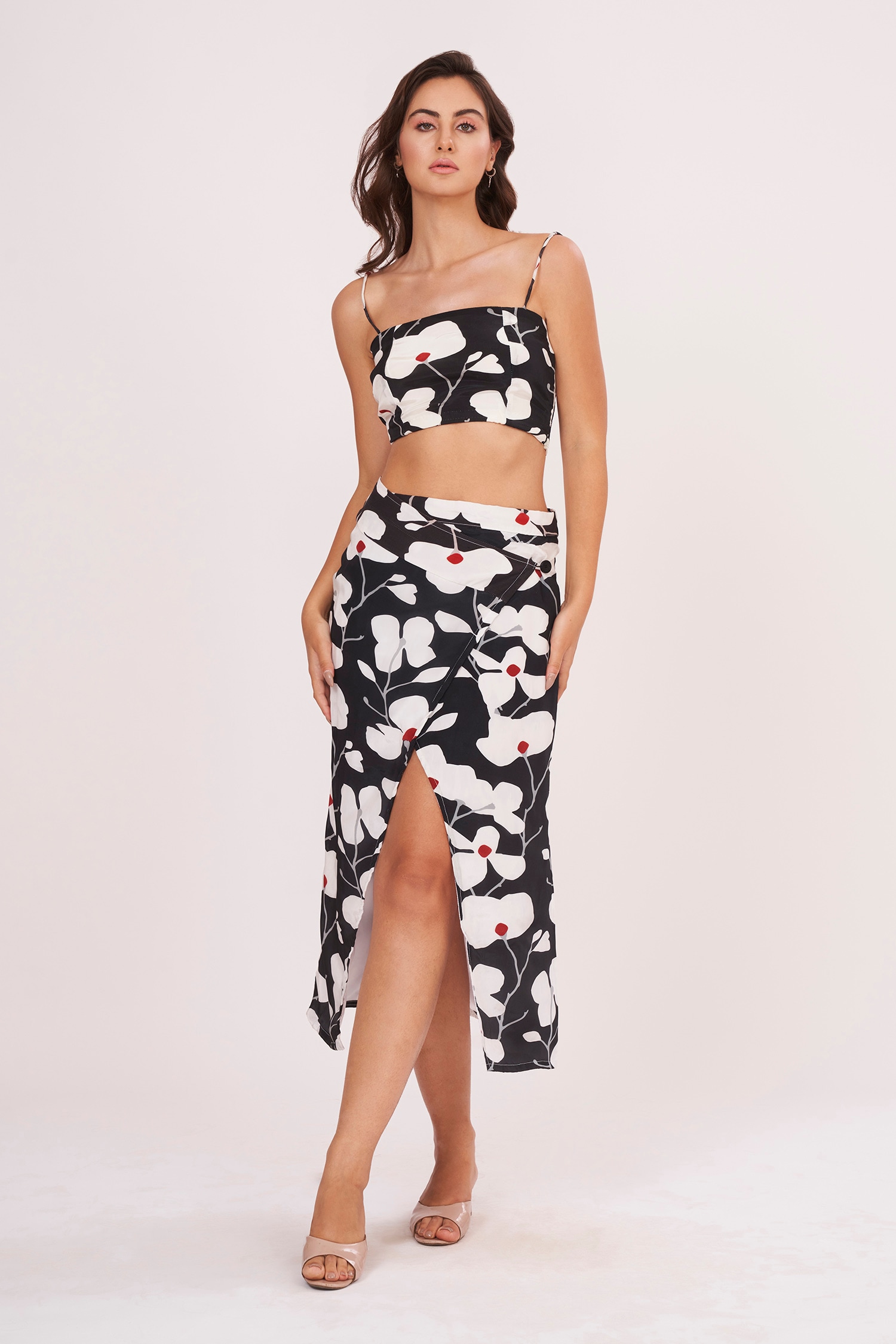 Buy Black Muslin Printed Abstract Square Neck Sleeveless Top And Skirt