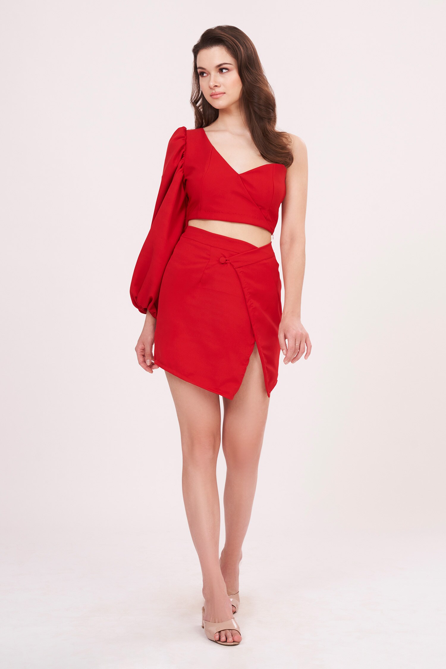 Buy House Of Varada Red Banana Crepe Solid One Shoulder Top And Skirt