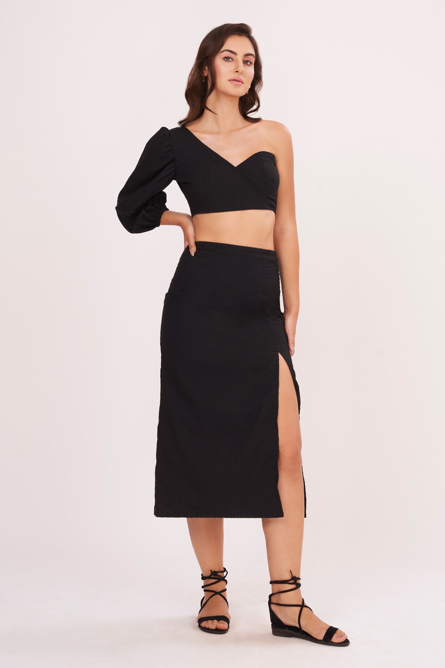 Buy House Of Varada Black Banana Crepe Plain One Shoulder Top And Skirt