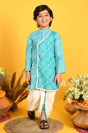 Buy Blue Cotton Printed Bandhani Kurta Set For Boys by Saka Designs ...