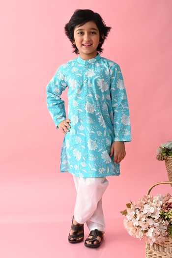 Buy Saka Designs Blue Flower Print Kurta Set For Boys Online | Aza Fashions