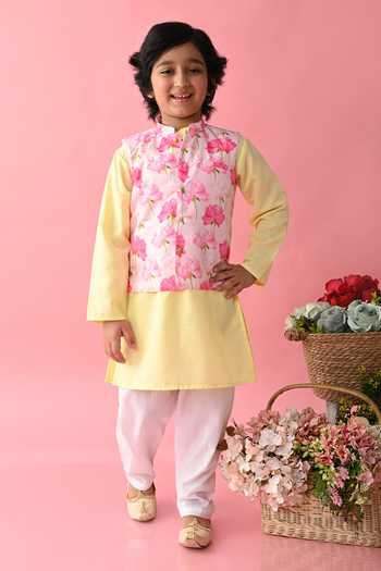 Buy Saka Designs Pink Blossom Print Bundi And Kurta Set For Boys Online ...
