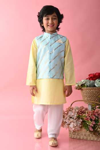 Buy Saka Designs Blue Linear Print Bundi And Kurta Set For Boys Online ...