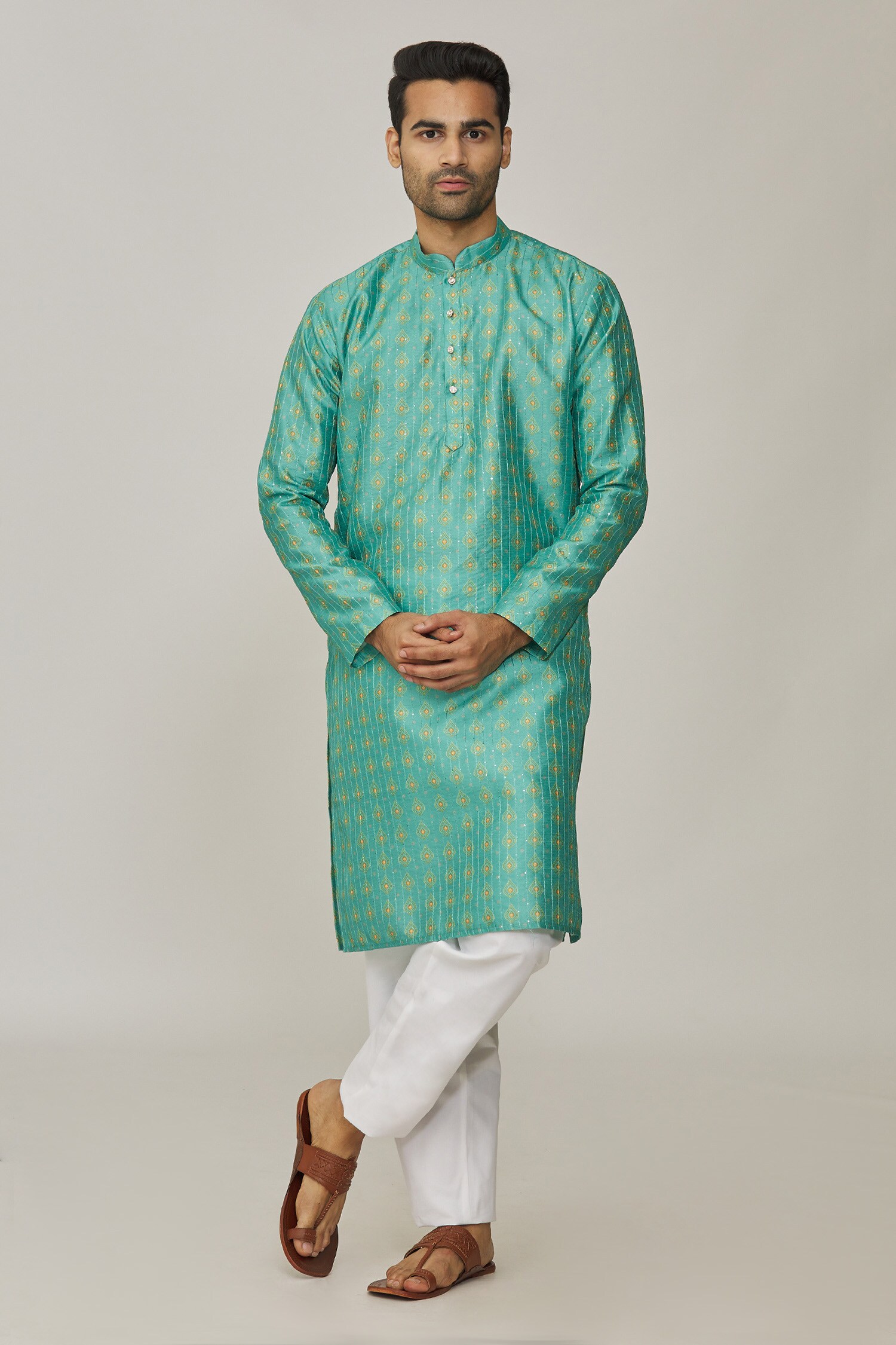 Buy Green Kurta Silk Blend Digital Printed Ogee Patterns And Pant Set ...