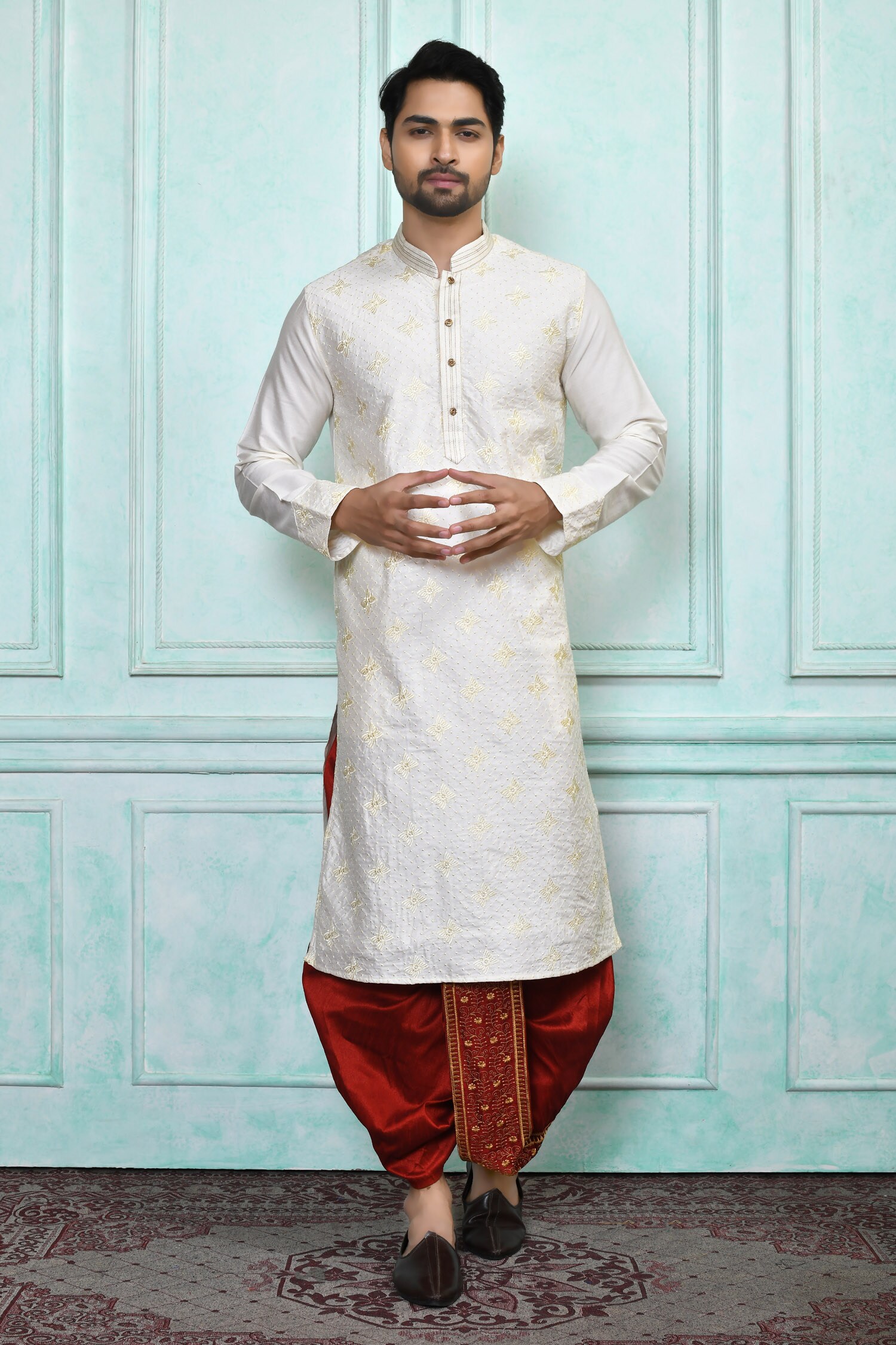 Buy Off White Kurta Silk Dupion Embroidered Resham Flower Work Set For ...