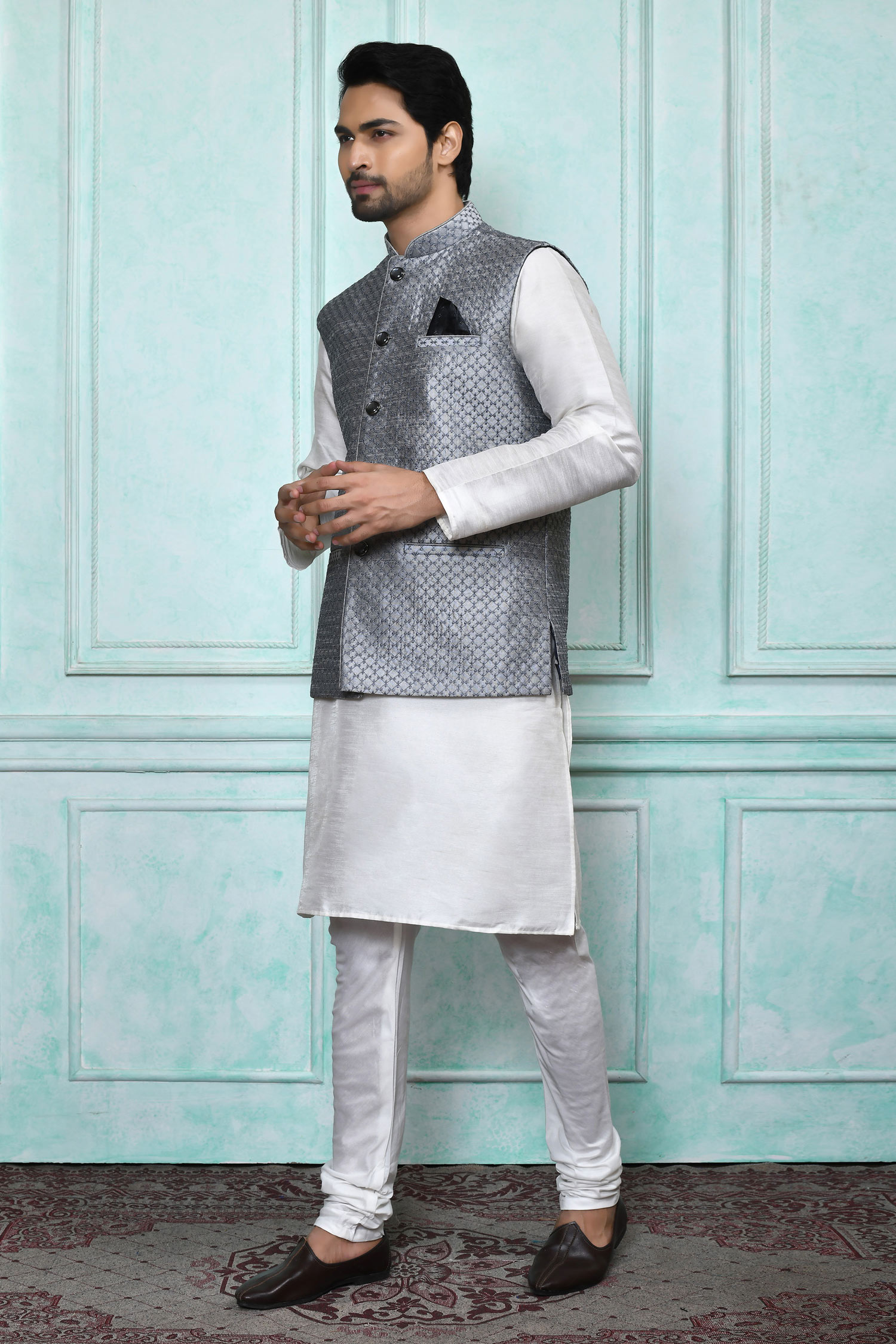 Buy Arihant Rai Sinha Grey Silk Dupion Resham Embroidered Nehru Jacket ...