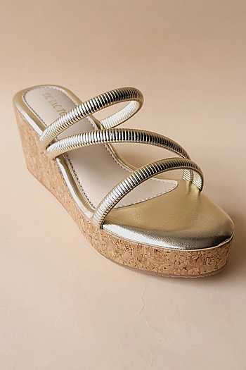Buy Gold Embellished Textured Cross Strap Wedges by Tic Tac Toe ...