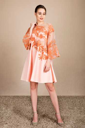 Buy Peach Moss Crepe Embroidered Metallic Dori Dress Round A-line With ...