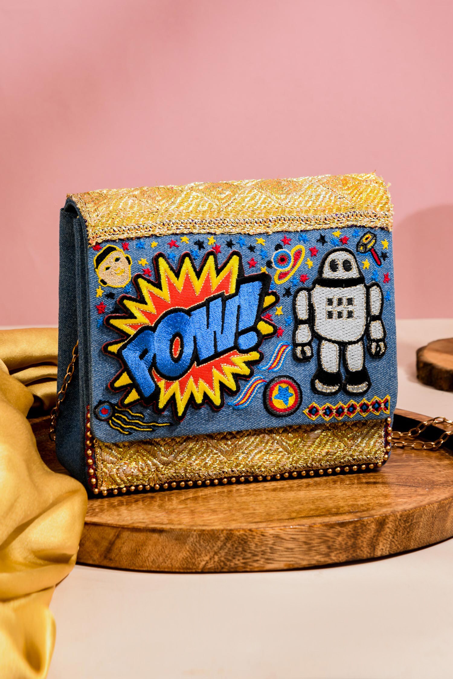 Buy Multi Color Patch Work And Thread Embroidered Pow Wow Denim Bag by ...