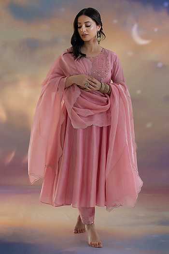 Buy Pink Chanderi Embroidered Hand Embellished Anarkali Salwar Pant Set ...