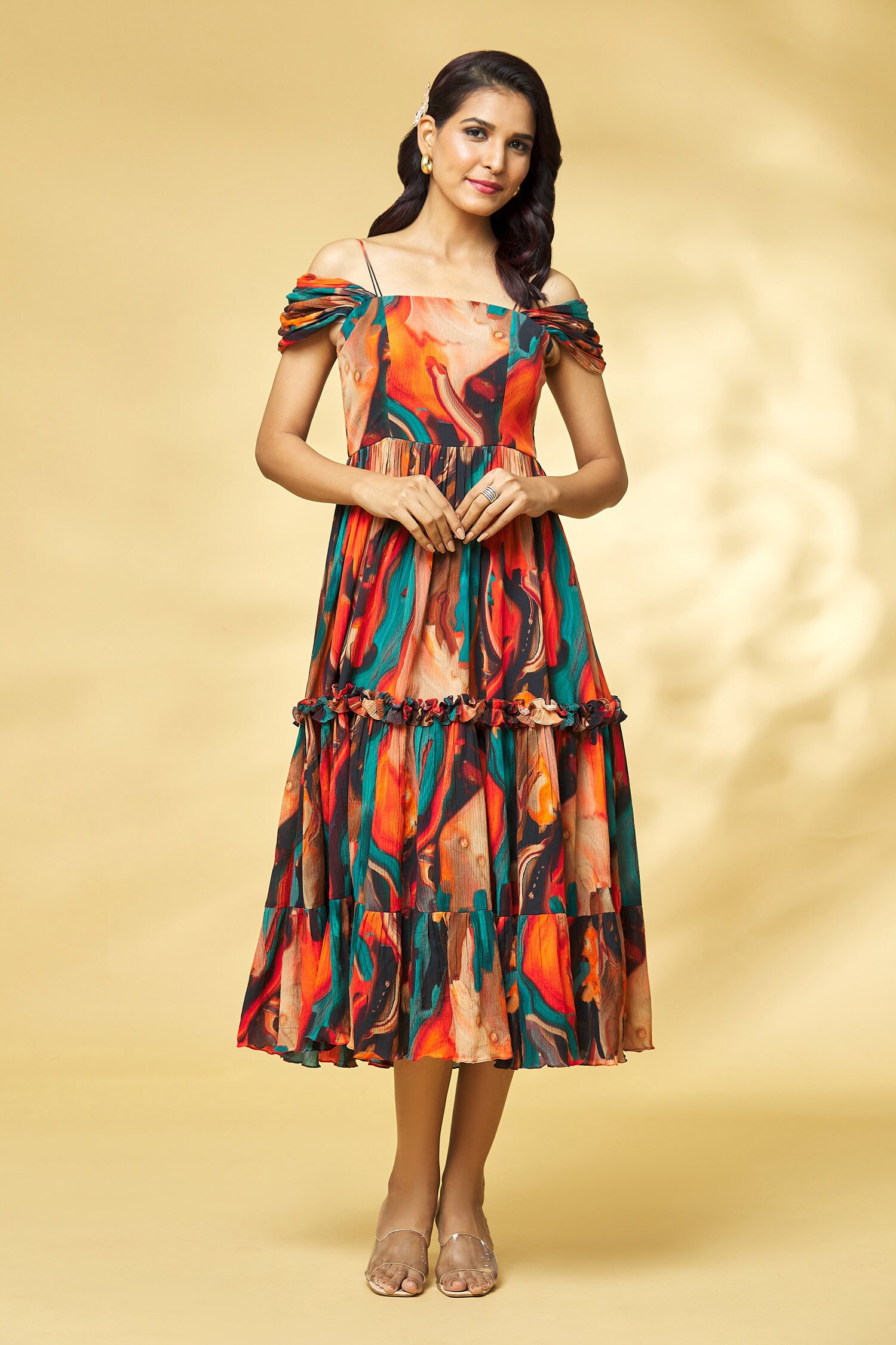 Buy Orange Wrinkle Cotton Printed Abstract One Shoulder Dress For Women ...