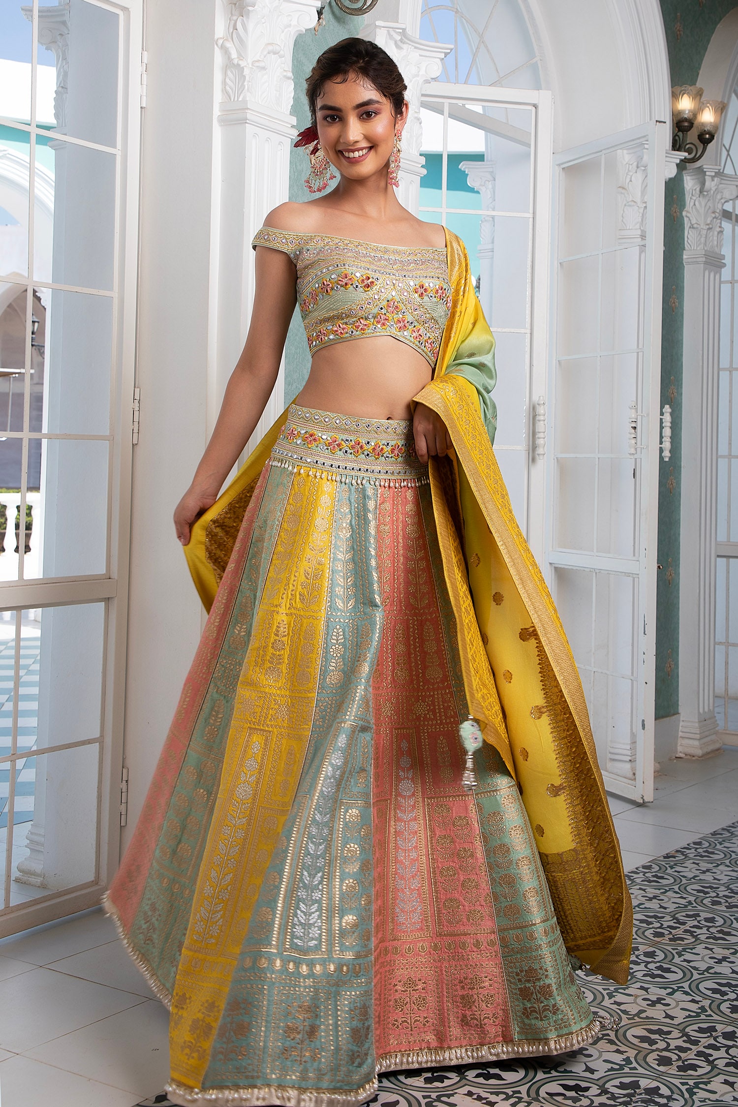 Buy Multi Color Banarasi Woven Floral Straight Lehenga Set For Women by ...