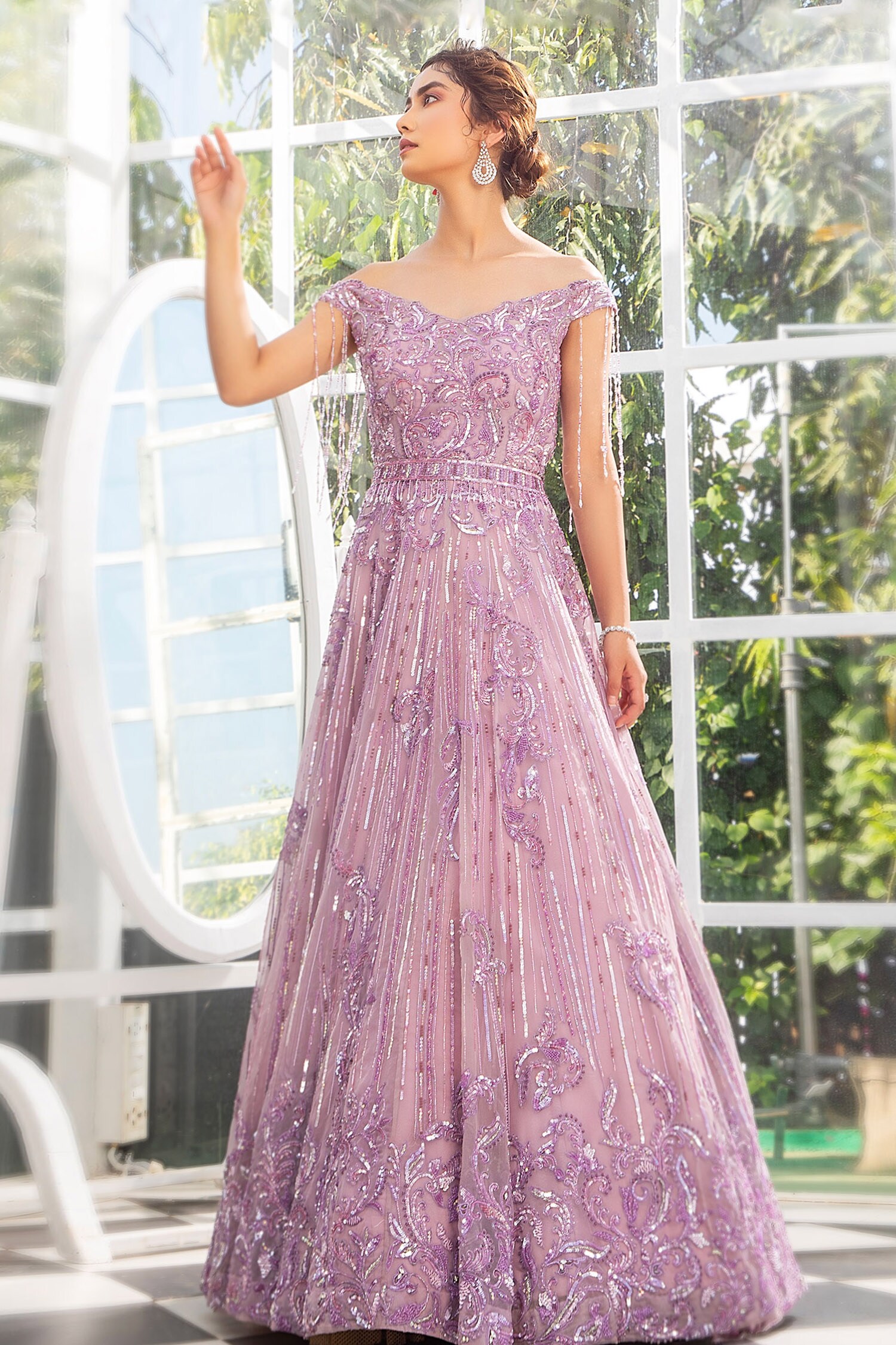 Buy Purple Organza Embroidery Sequin Broad V Neck Off Shoulder Gown For ...