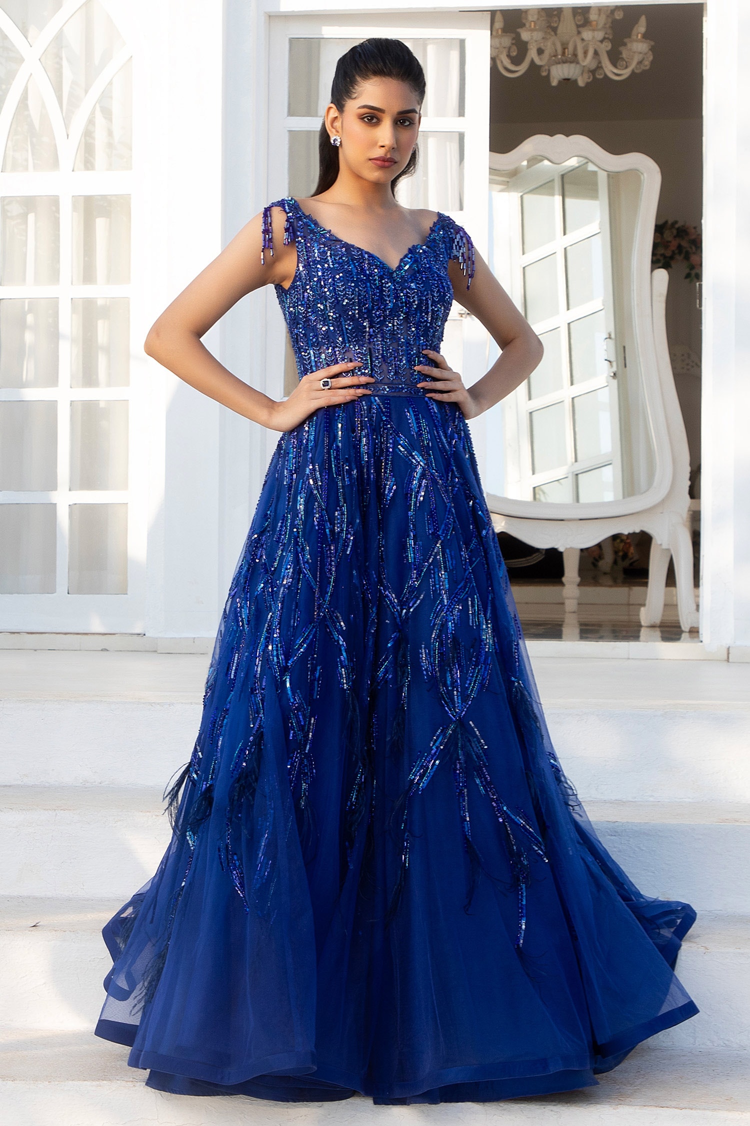 Buy Blue Net Embroidered Hand Leaf Neck Sequin And Bead Gown For Women ...