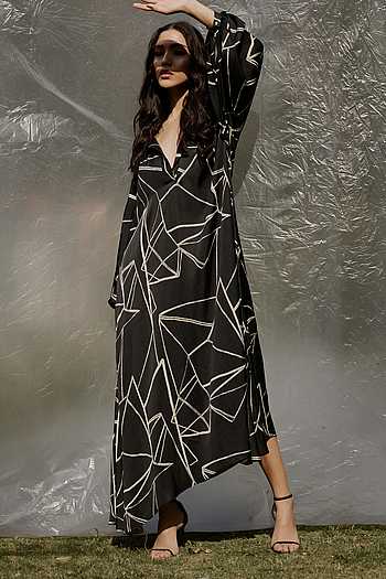 Buy Black Bamberg Cotton Satin Printed Bgeo Lapel Collar Zia Dress For ...