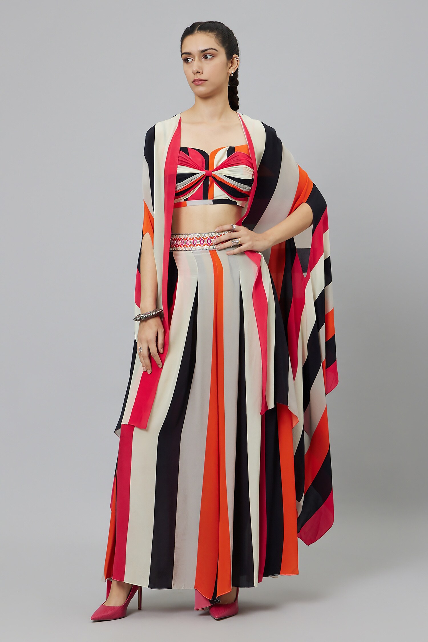 Buy SVA by Sonam & Paras Modi Multi Color Crepe Sahar Stripe Print Cape ...