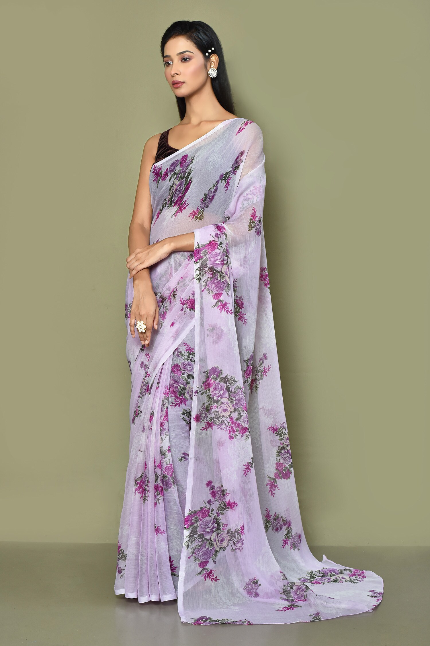 Buy Purple Pure Chiffon Printed Spring Pattern Saree With Running ...