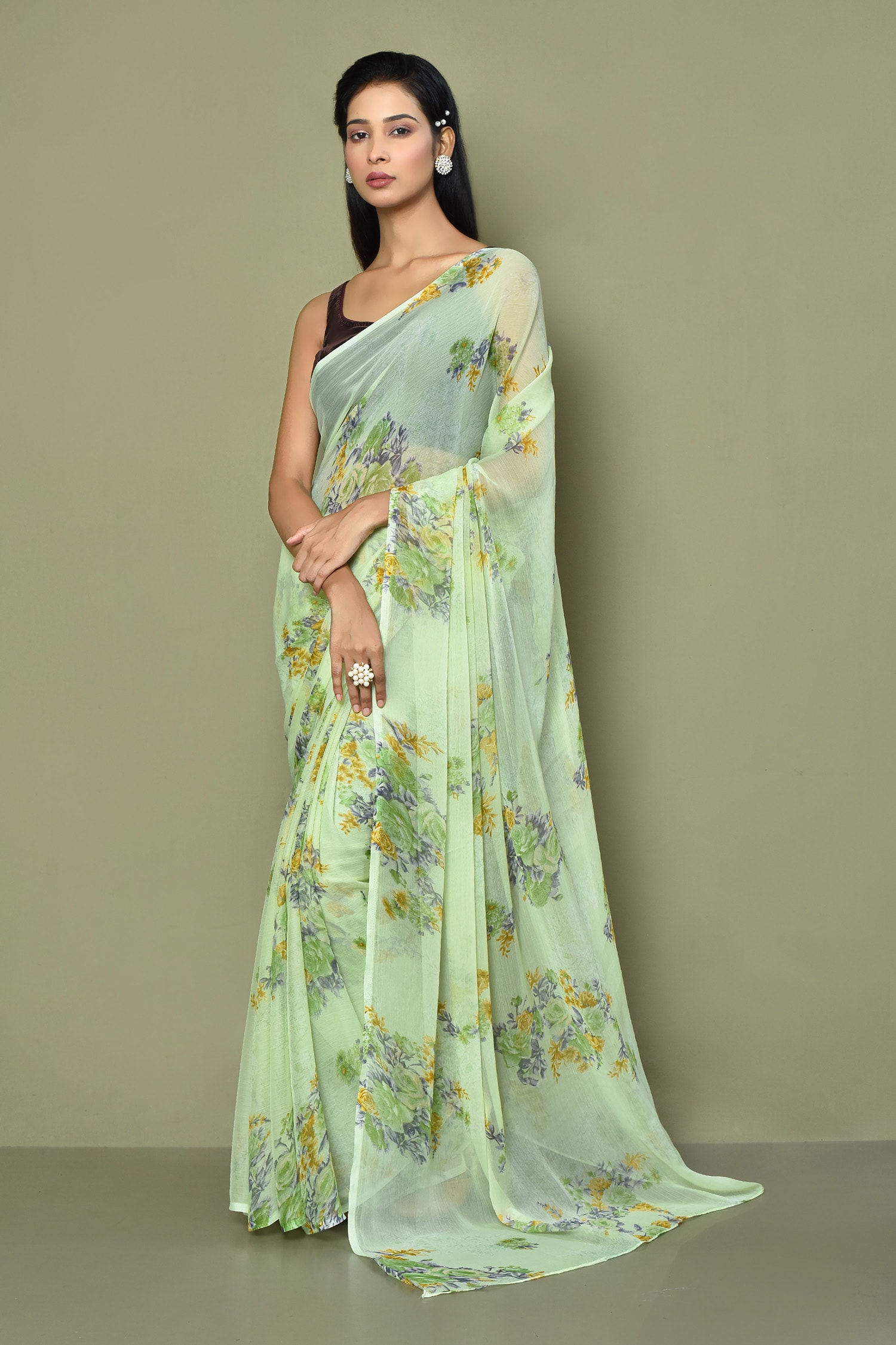 Buy Green Pure Chiffon Printed Spring Saree With Running Blouse For ...