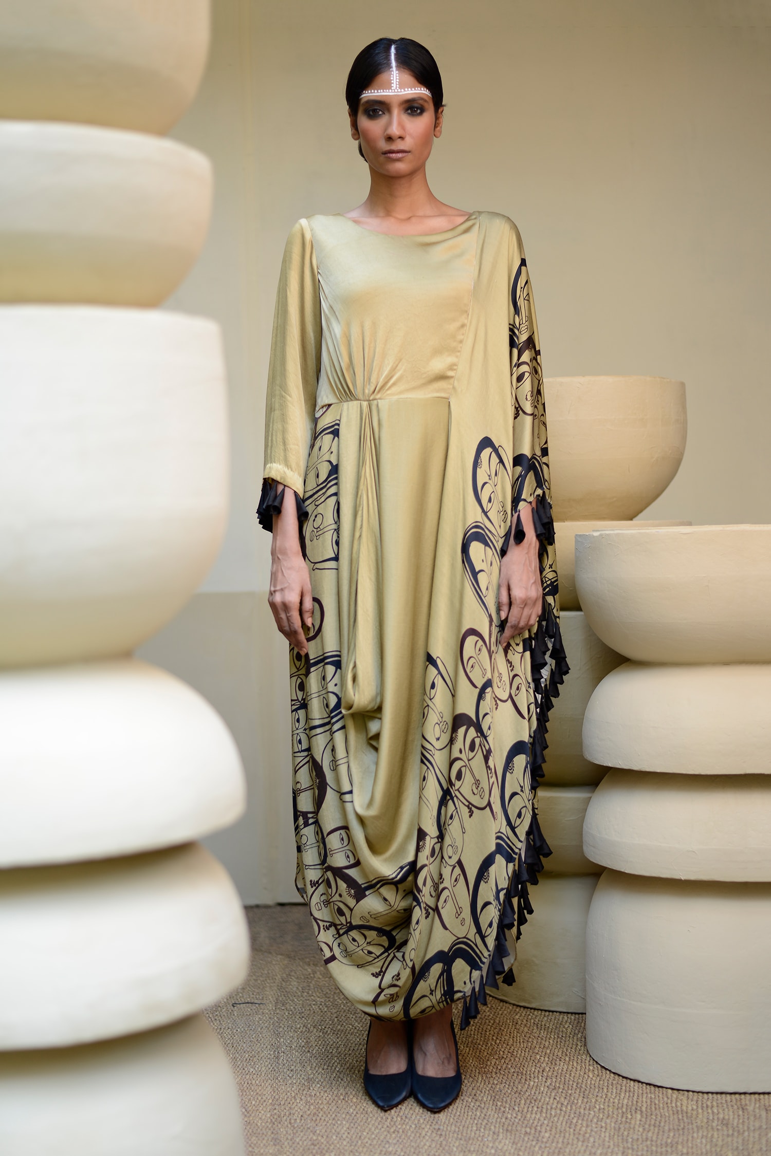 Buy Ekru Beige Modal Satin Human Portrait Print Drape Dress Online ...