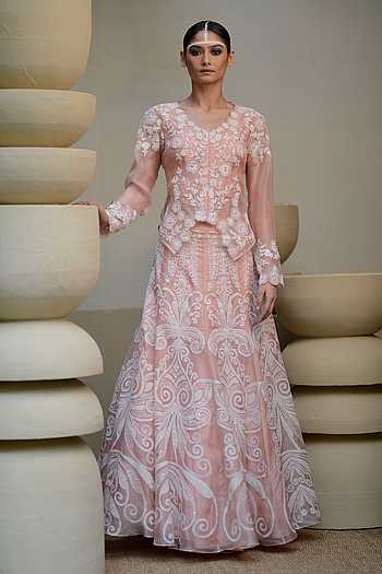 Buy Pink Embroidery Bankura V Neck Jacket With Lehenga For Women by ...