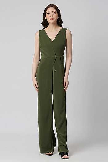 Buy Green Lachaka Plain V Neck Overlap Flap Jumpsuit For Women by ...
