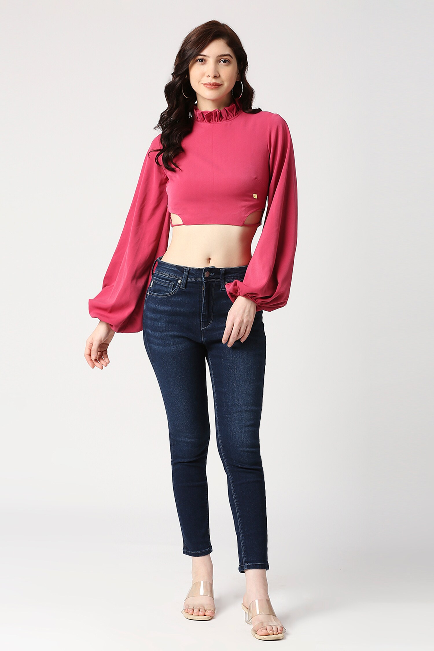Buy Pink Lachaka Plain High Neck Ruffle Crop Top For Women by Emblaze ...