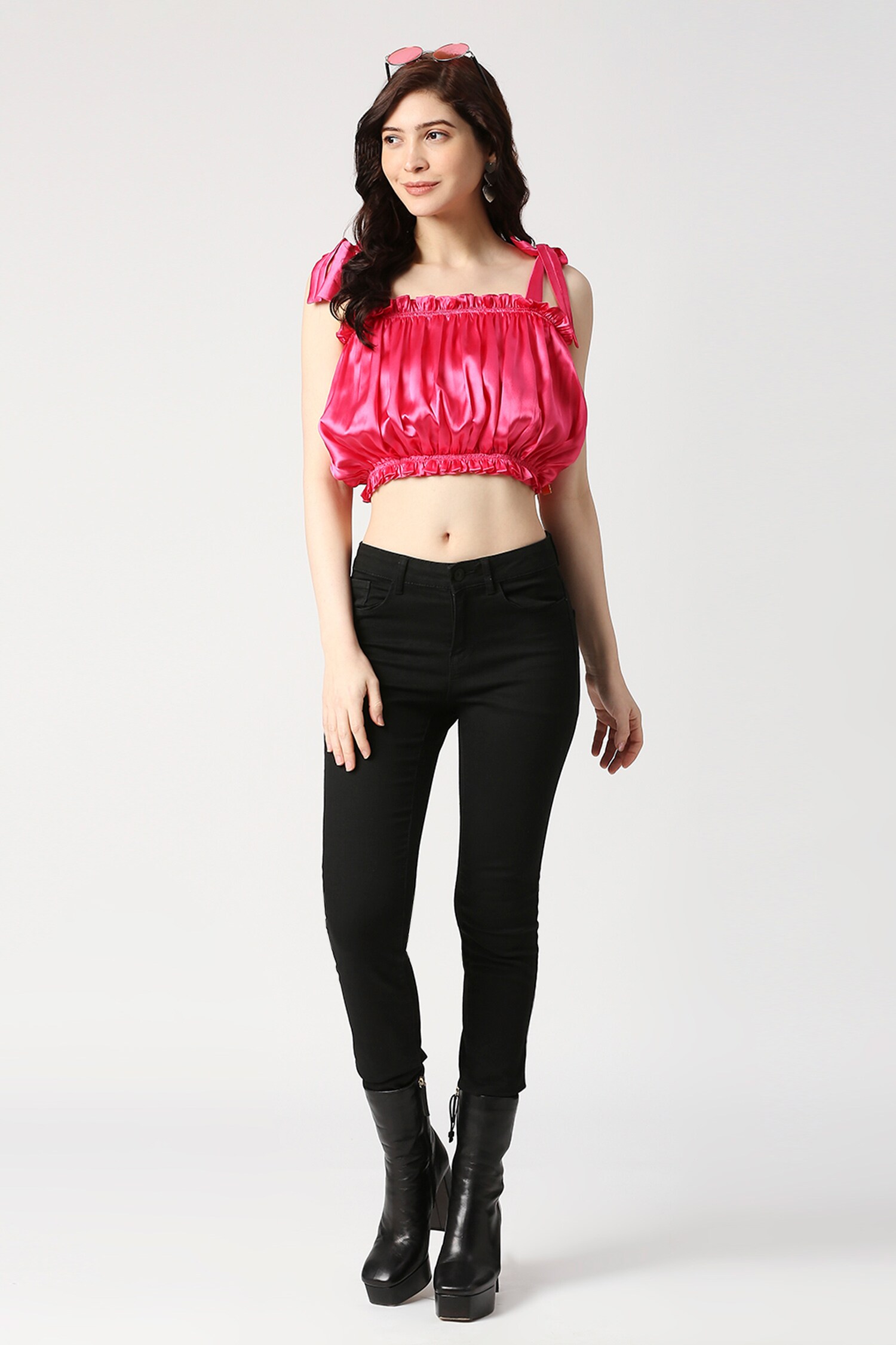 Buy Pink Satin Plain Square Neck Gathered Balloon Crop Top For Women by ...