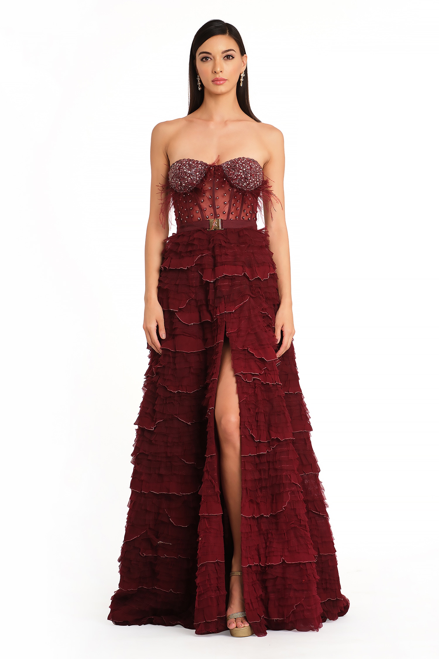 Buy Rocky Star Maroon Net Embroidered Yoke High Slit Gown Online Aza buy-rocky-star-maroon-net-embroidered-yoke-high-slit-gown-online-aza
