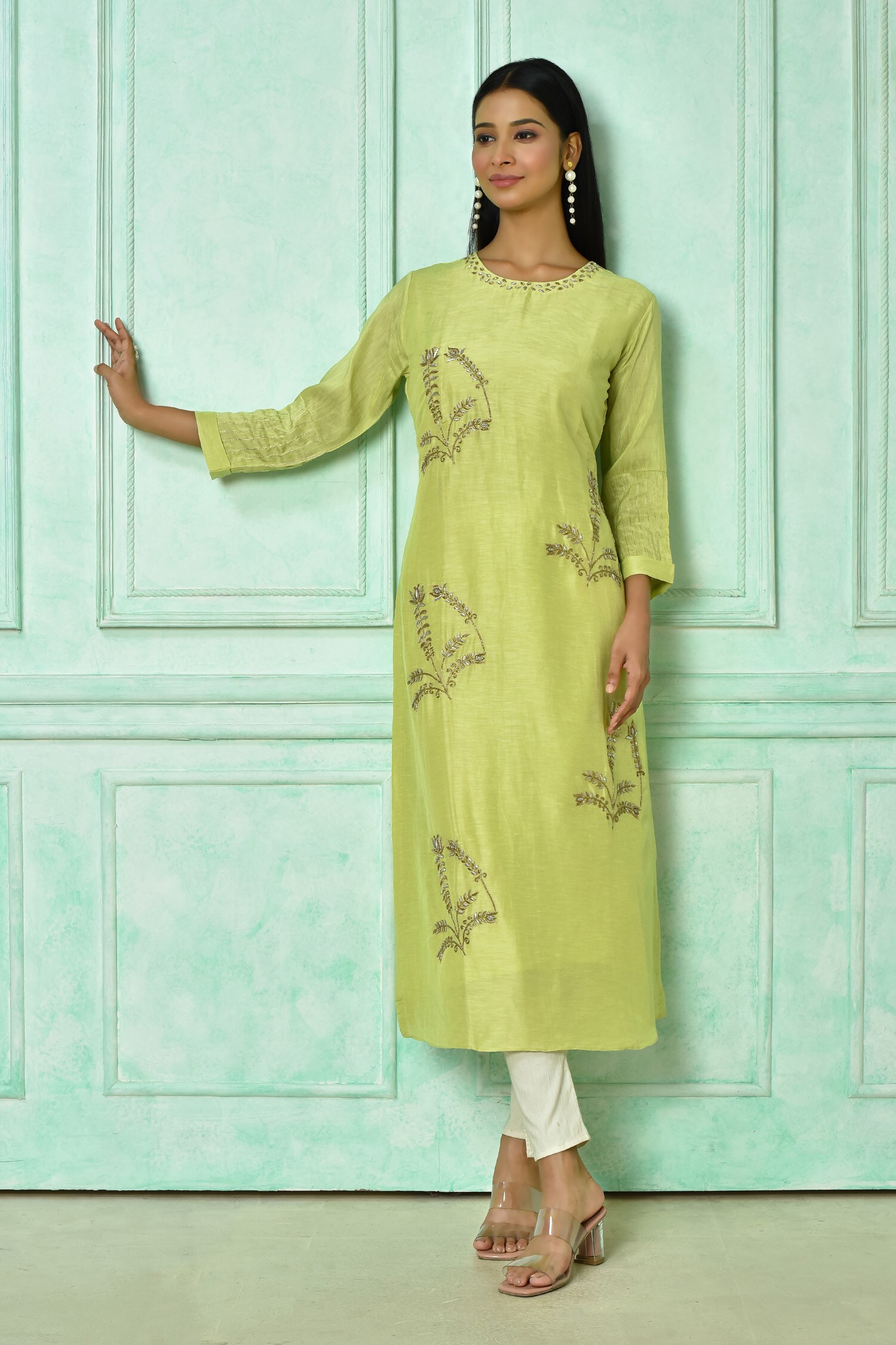 Buy Green Linen Hand Embroidered Flower Branch Round Tunic For Women by ...