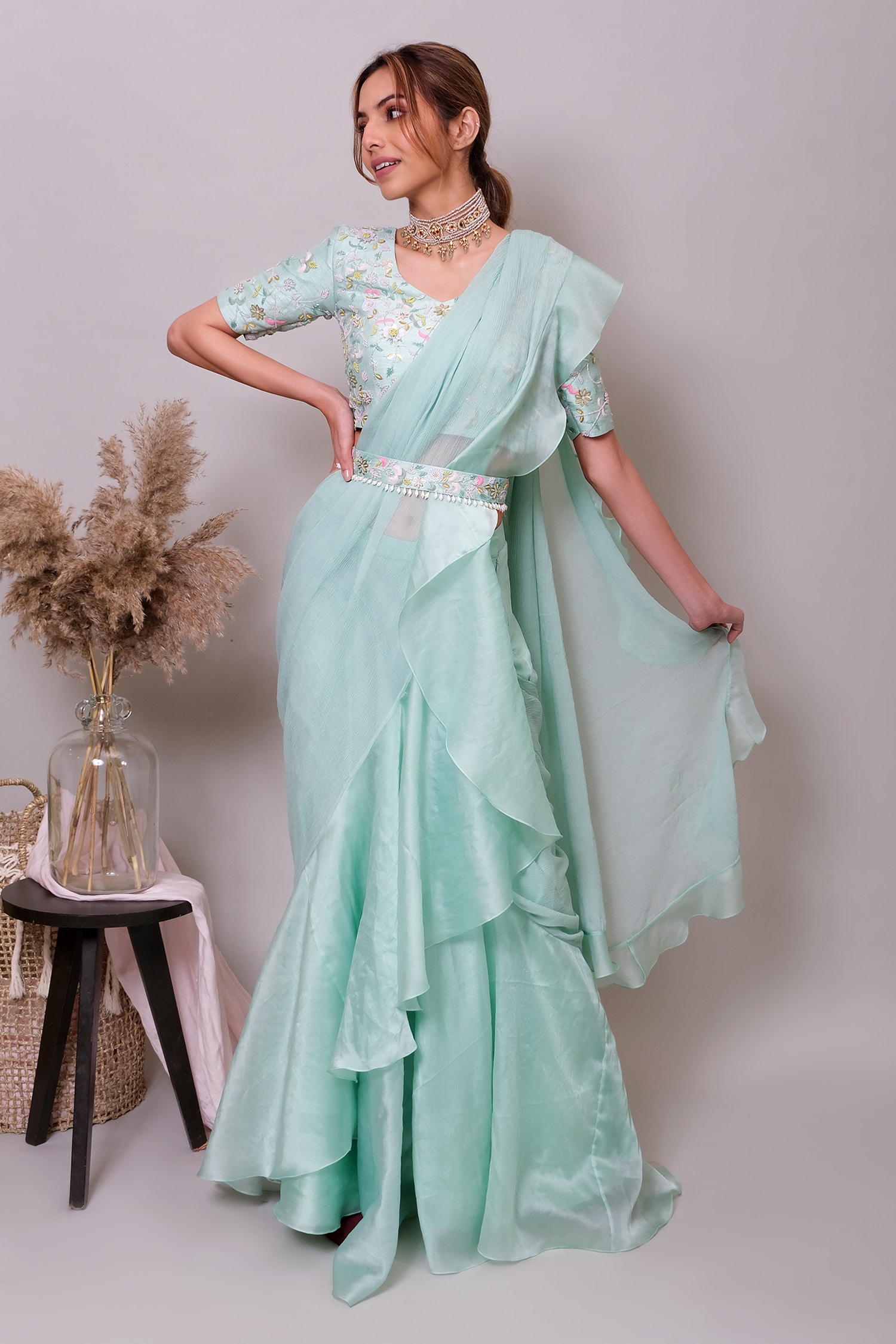 Buy Blue Satin Organza Hand Ruffle Pre-draped Saree With Blouse For ...