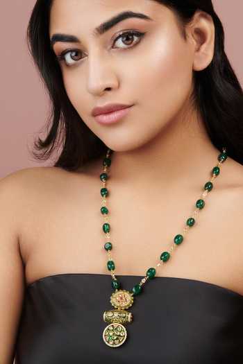 Buy Green Enamel Kundan Abstract Long Necklace by Curio Cottage Online ...