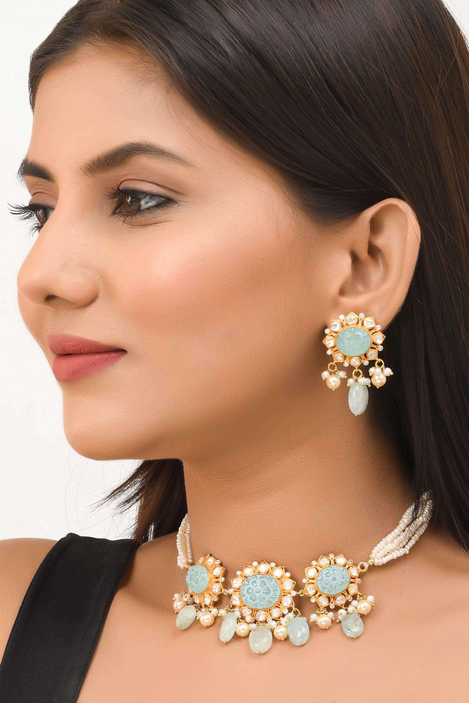 Buy Gold Plated Moissanite Polki With Handcrafted Embellished Necklace ...